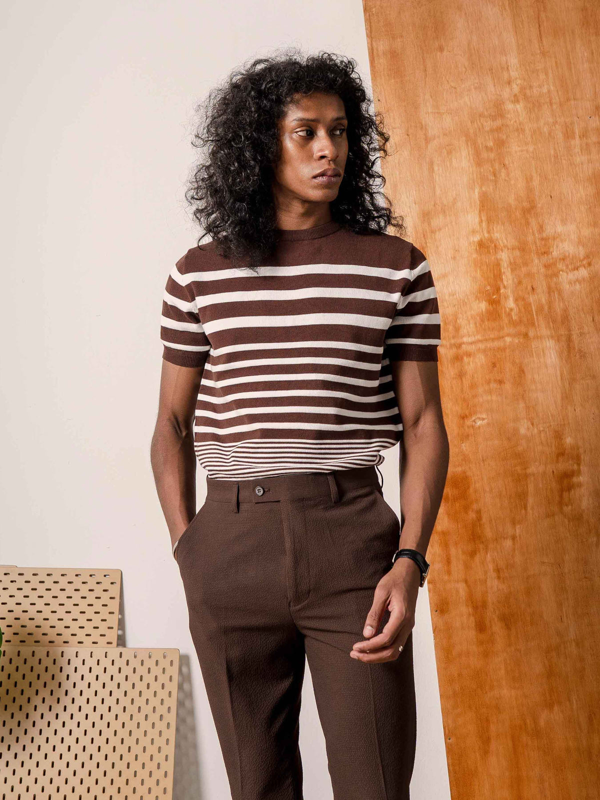 Striped Crew Neck Knit Tee - Coffee – Zeve Shoes