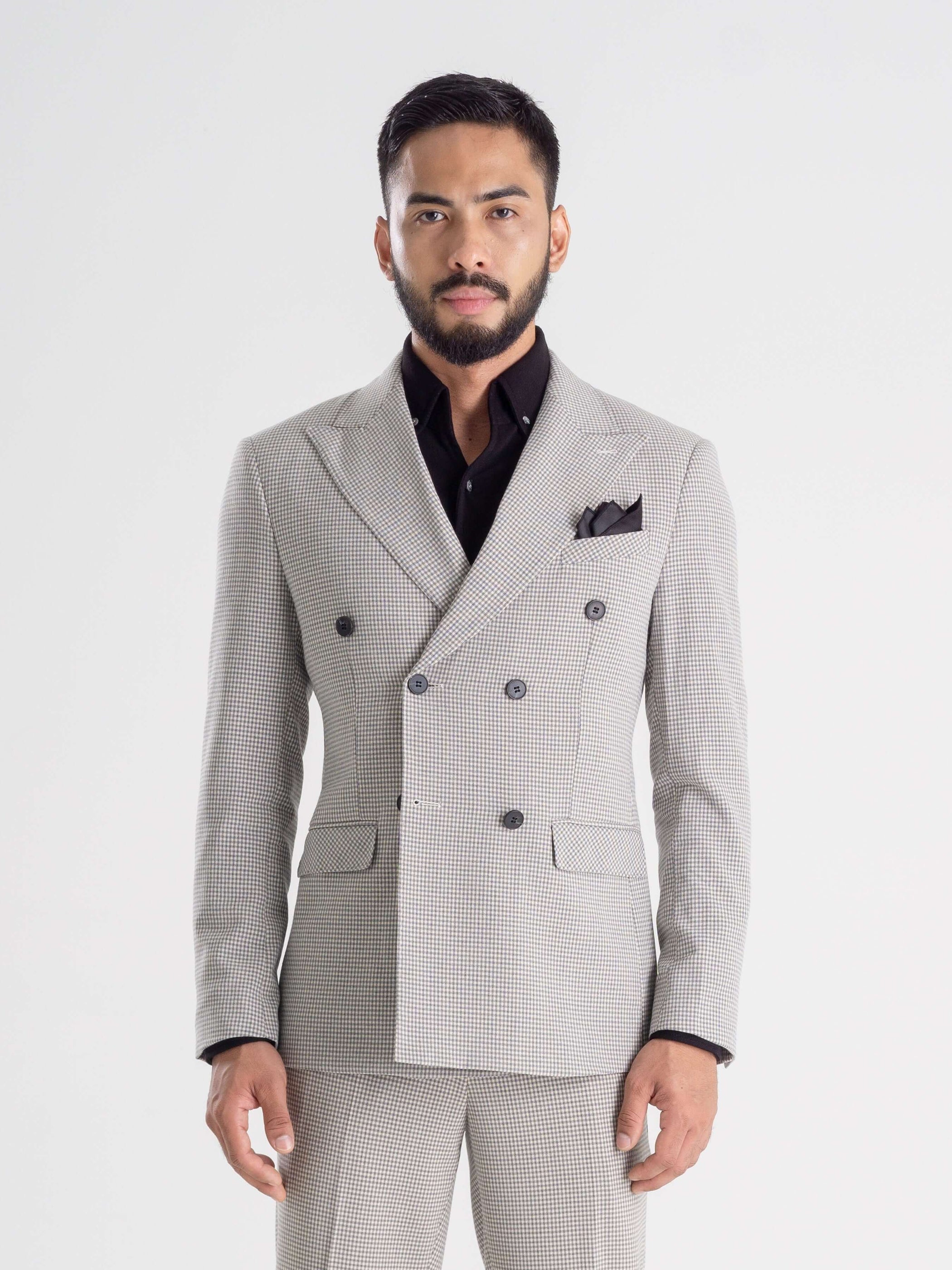 Double Breasted Suit Blazer - Ash Grey Plaid (Peak Lapel) | Zeve Shoes