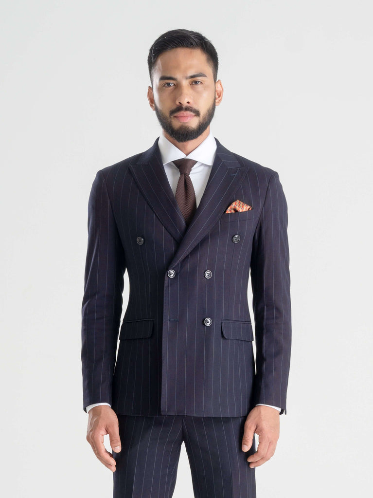 Double Breasted Suit Blazer - Deep Blue Stripe (Peak Lapel) – Zeve Shoes