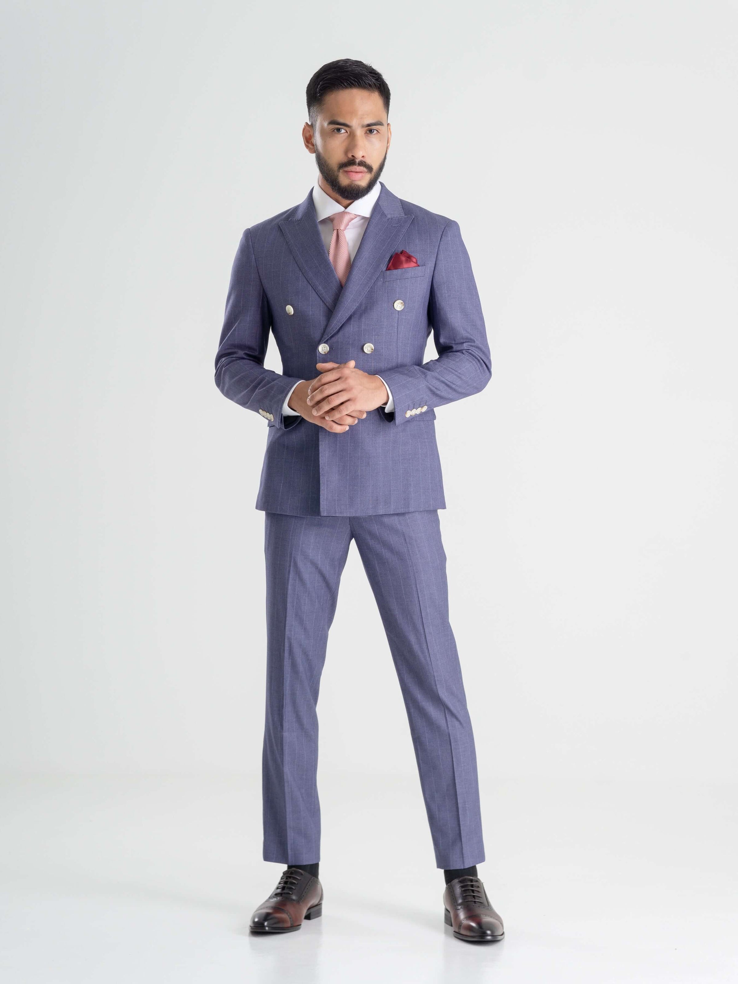 Double Breasted Suit Blazer - Iris Blue Stripes (Peak Lapel) | Zeve Shoes