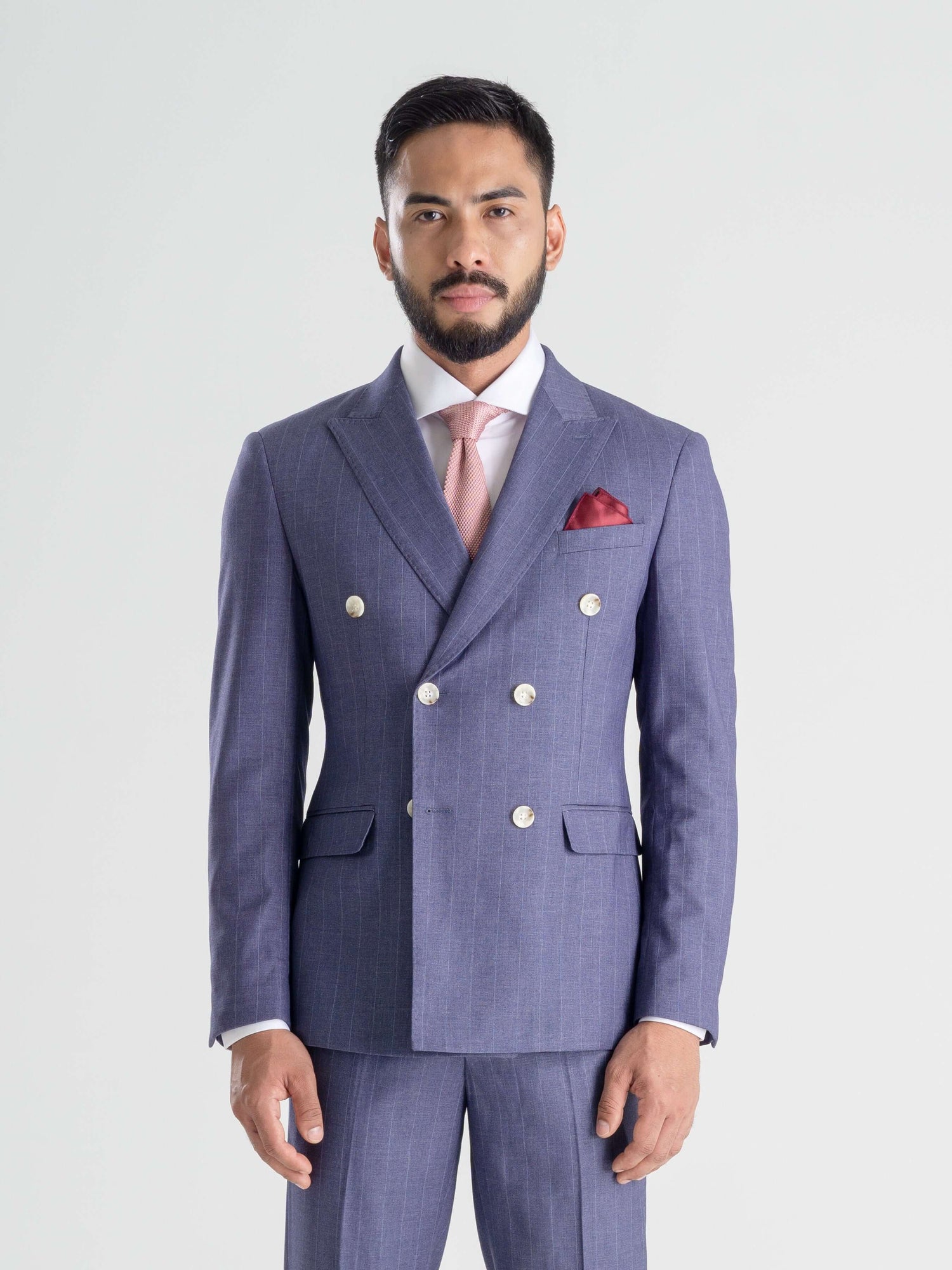 Double Breasted Suit Blazer - Iris Blue Stripes (Peak Lapel) | Zeve Shoes