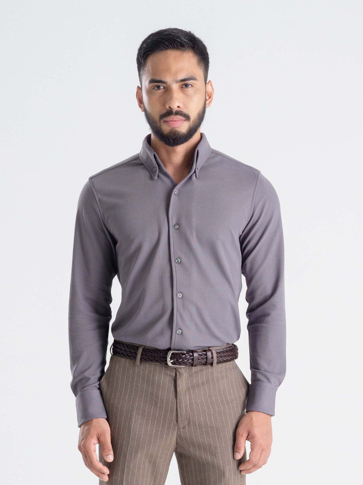 Long Sleeve Polo Shirt - Smokey Grey Button Down | Zeve Shoes