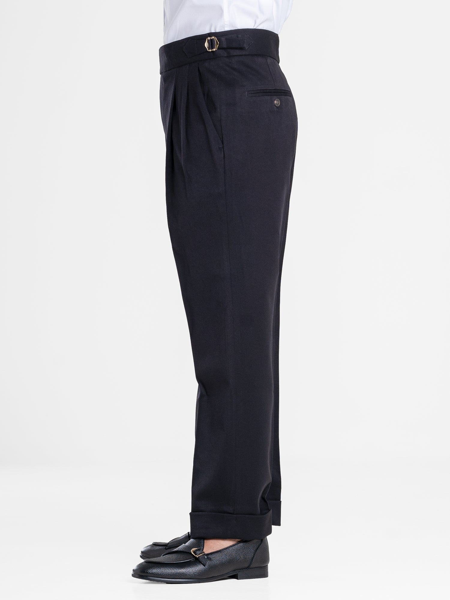 Trousers With Side Adjusters - Black Solid Cuffed (Tapered) | Zeve Shoes