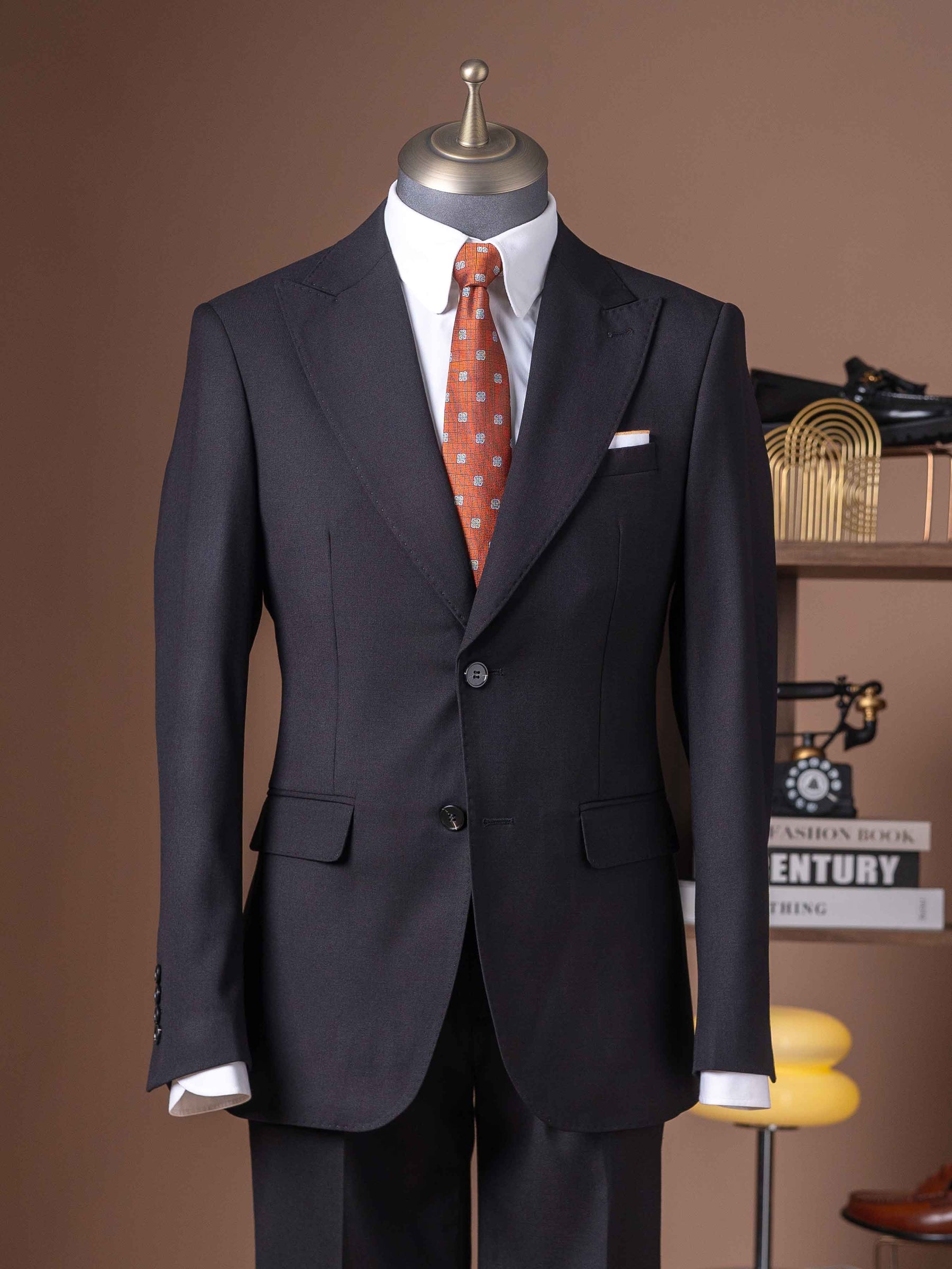 Single Breasted Suit Blazer - Jet Black Plain (Peak Lapel) | Zeve Shoes