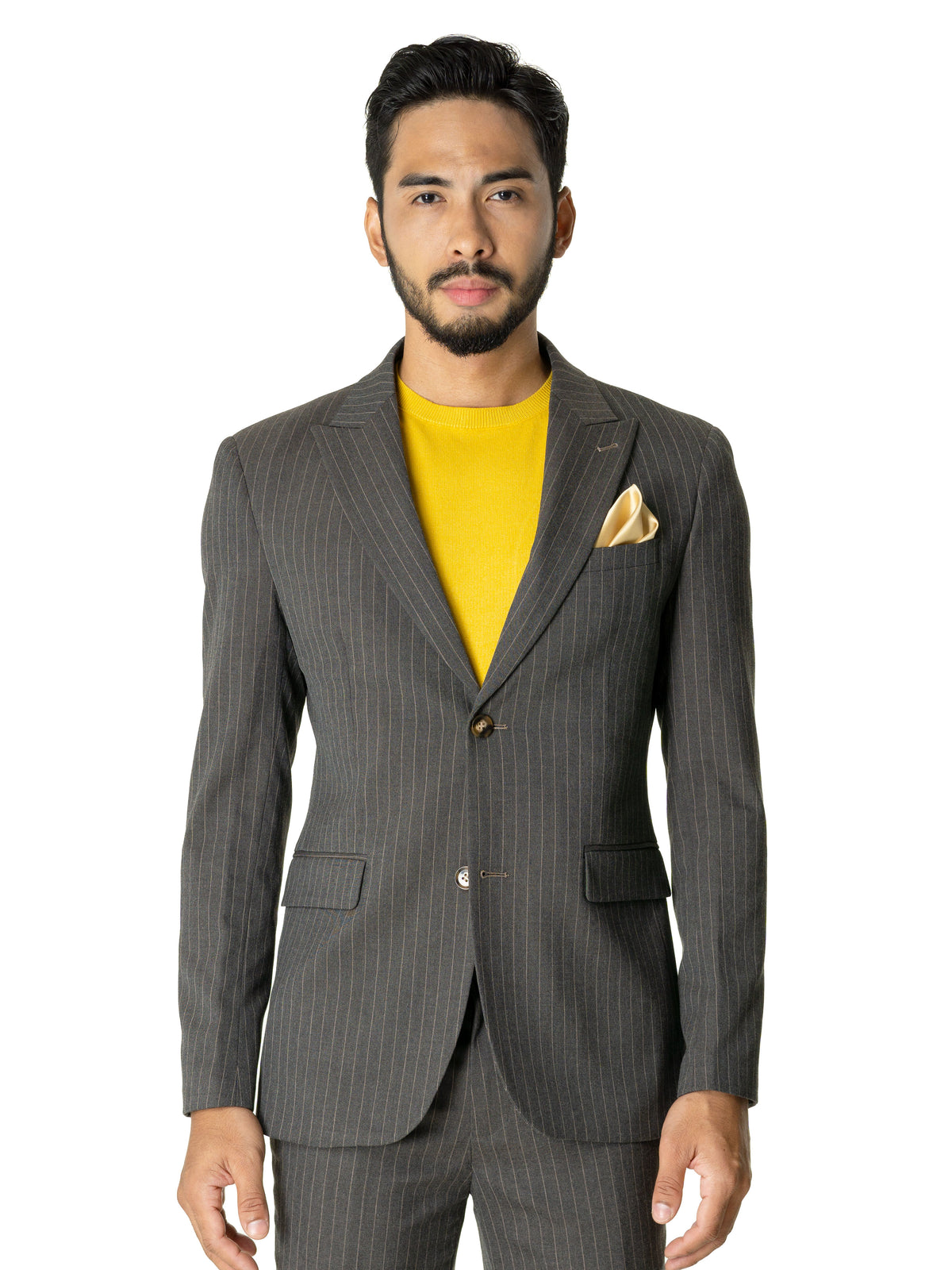 Single Breasted Suit Blazer - Dark Grey with Brown Pinstripe (Peak ...