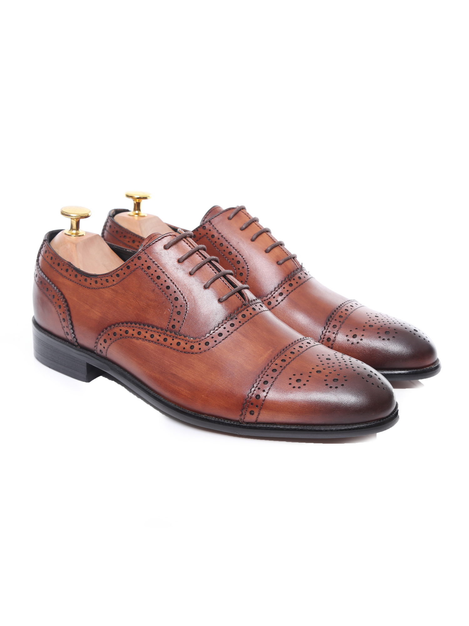 Oxford Cap Toe - Cognac Tan Semi Brogue Lace Up (Hand Painted Patina ...
